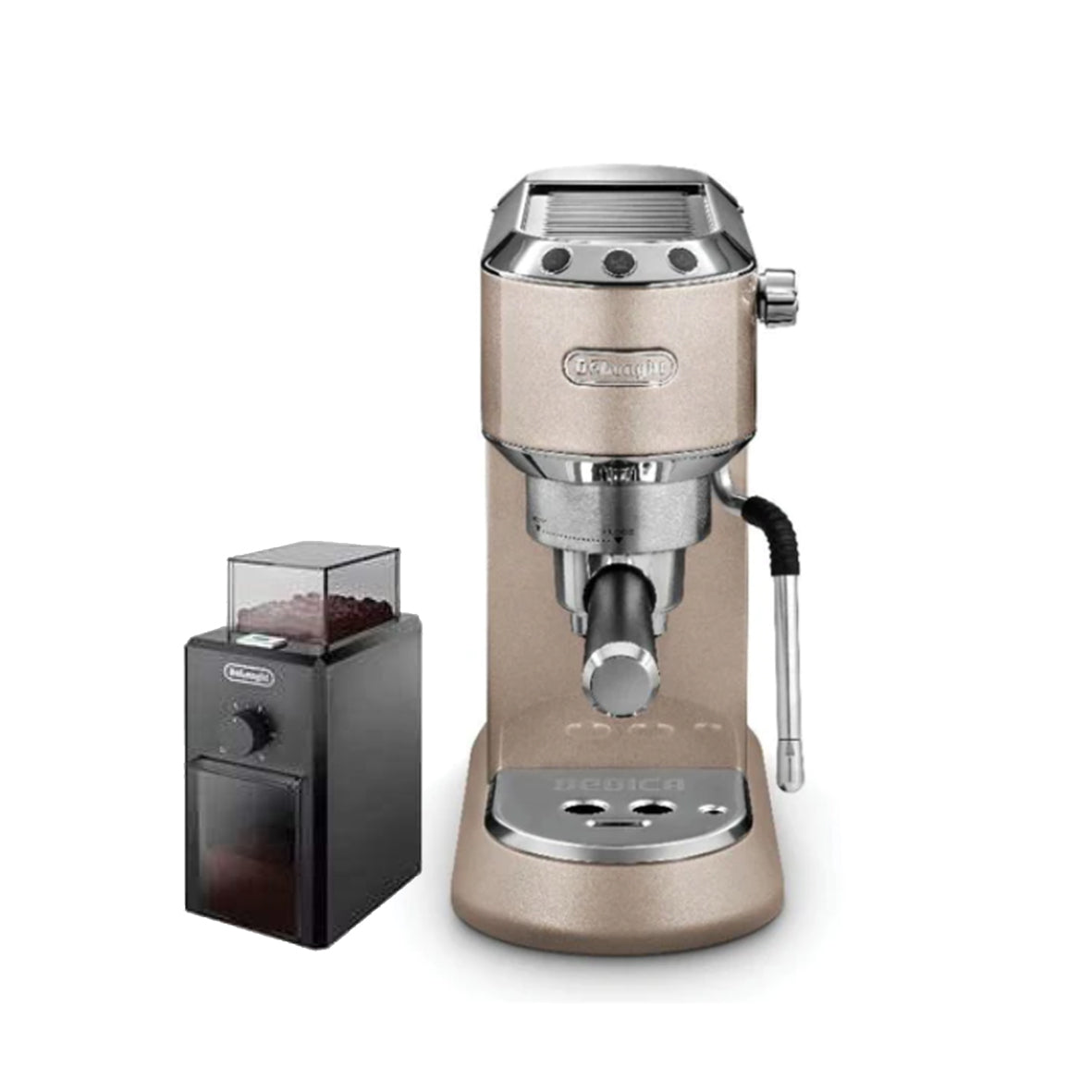 מטחנת קפה ביתית KG79 Delonghi + מכונת קפה ידנית דדיקה METALLICS EC885 ...